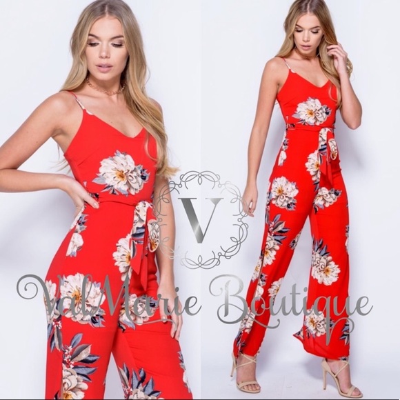 Pants & Jumpsuits | Red Floral Jumpsuit | Poshmark